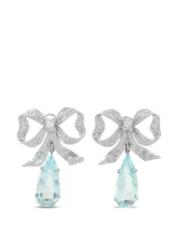 LB EXCLUSIVE Diamond And Aquamarine Bow Drop Earrings - Silver