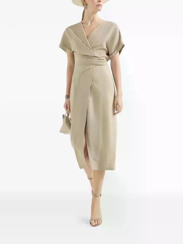 Brunello Cucinelli Viscose And Linen Fluid Twill Wrap-effect Dress With Monili - Neutrals