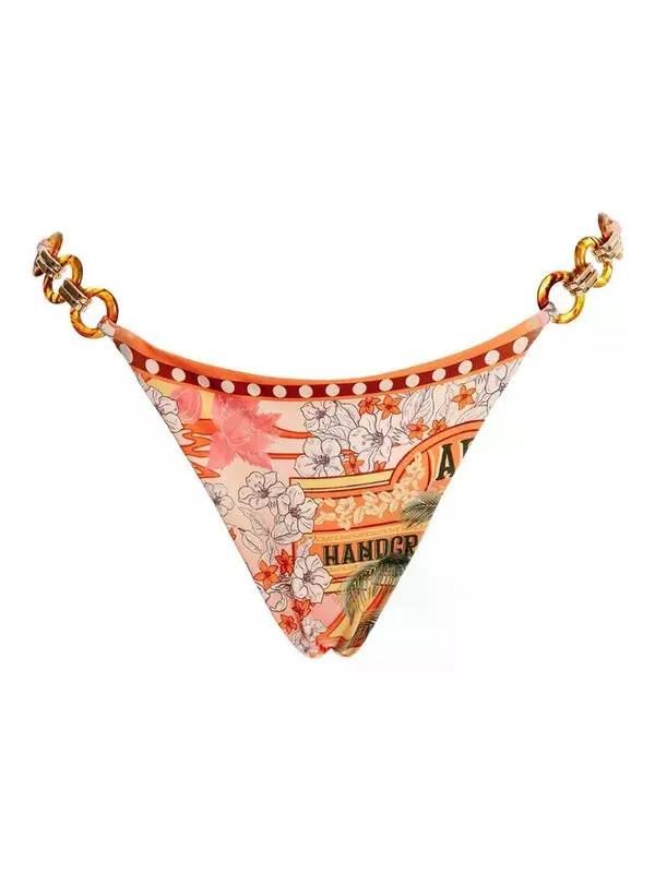 Agua Bendita Floral-print Bikini Bottom With Chain Embellishments - Neutrals