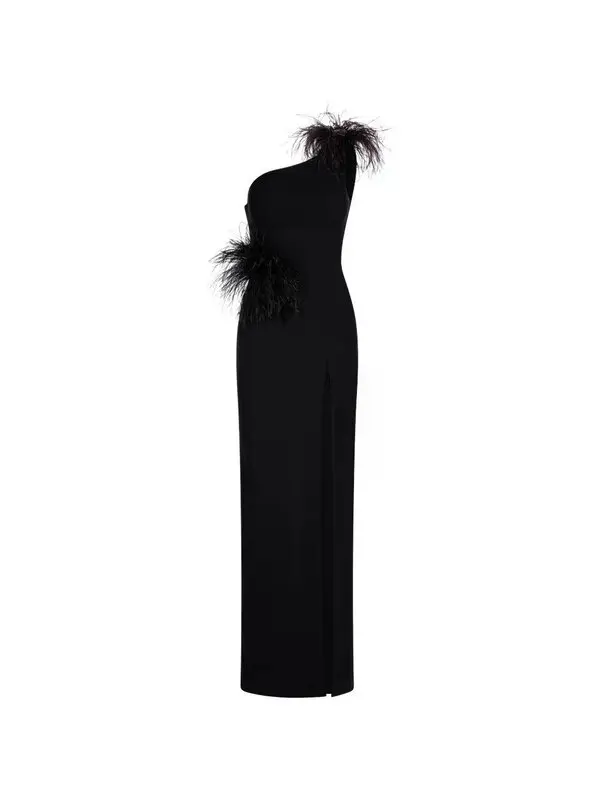 IMROSKA Feather-detail One-shoulder Maxi Dress - Black