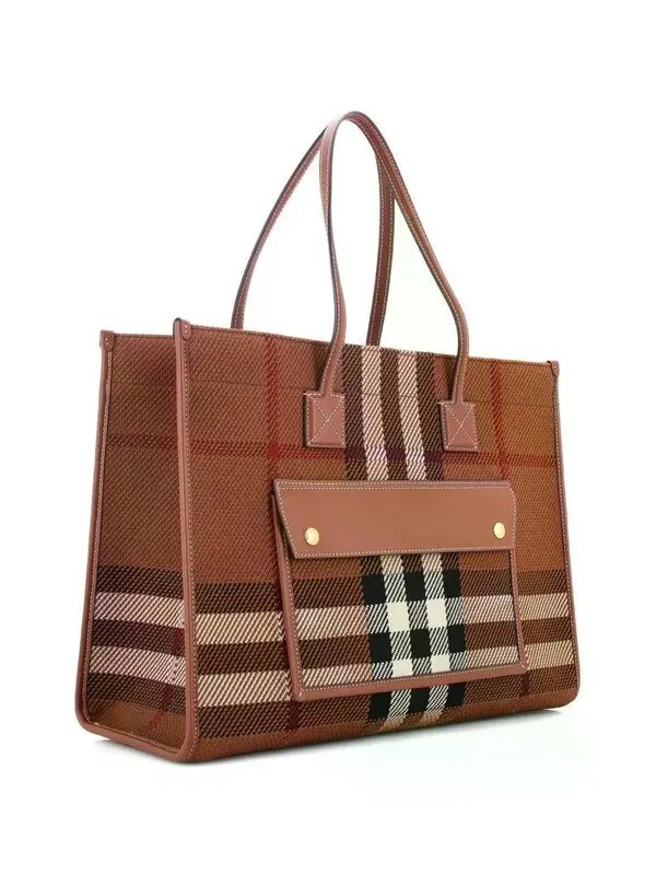 Burberry Freya Shopping Check Canvas With Leather Medium Tote Bag