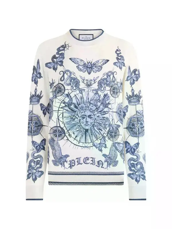 Philipp Plein Round Neck Butterfly Print Sweater - Neutrals