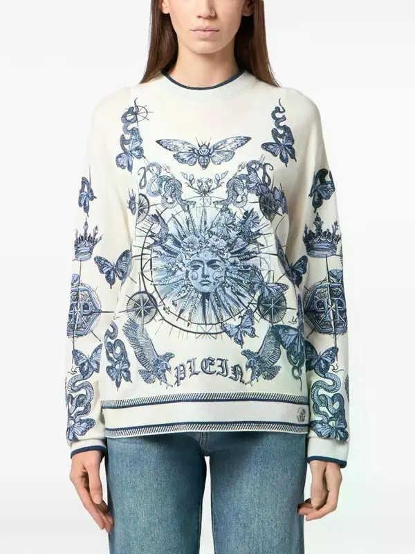 Philipp Plein Round Neck Butterfly Print Sweater - Neutrals