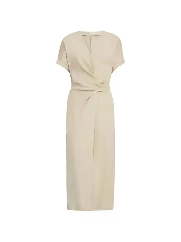 Brunello Cucinelli Viscose And Linen Twill Wrap-effect Dress With Monili - Neutrals