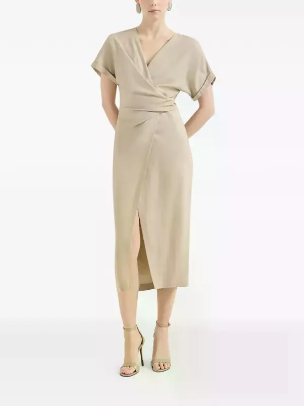 Brunello Cucinelli Viscose And Linen Twill Wrap-effect Dress With Monili - Neutrals