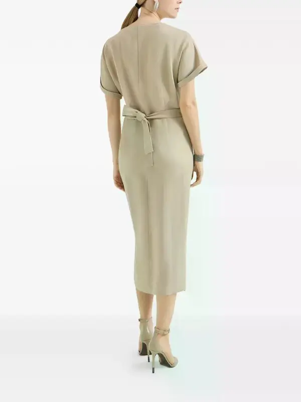 Brunello Cucinelli Viscose And Linen Twill Wrap-effect Dress With Monili - Neutrals