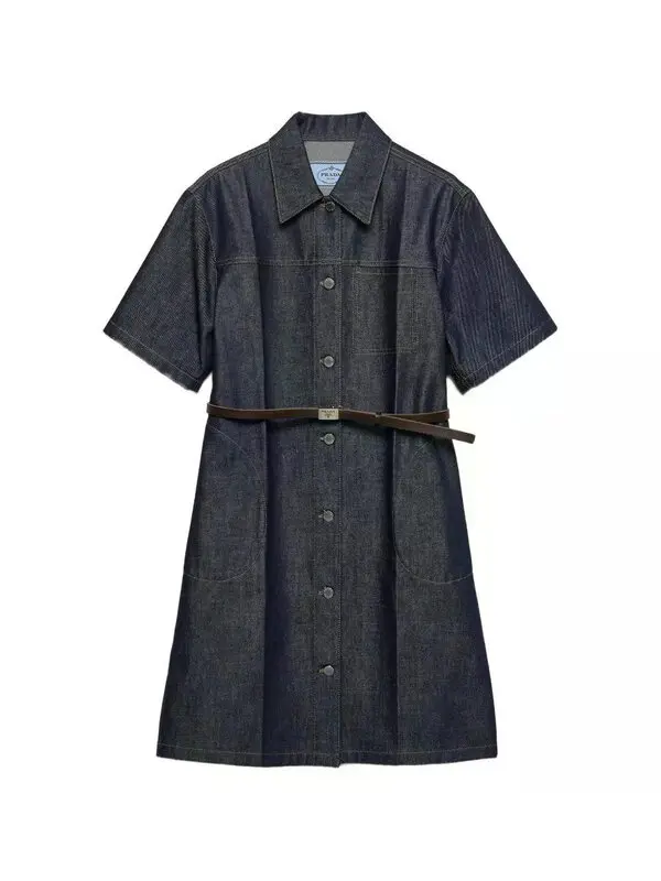 Prada Belted Denim Shirt Dress - Blue