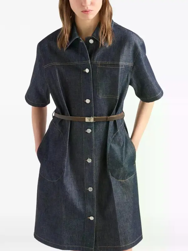 Prada Belted Denim Shirt Dress - Blue