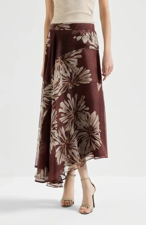 Brunello Cucinelli Bloom Print Asymmetrical Silk Organza Skirt - Bordeaux