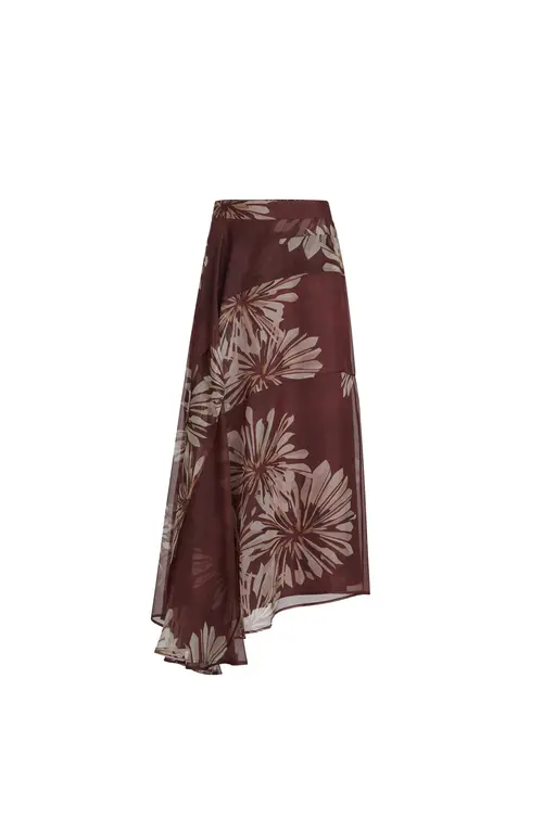 Brunello Cucinelli Bloom Print Asymmetrical Silk Organza Skirt - Bordeaux