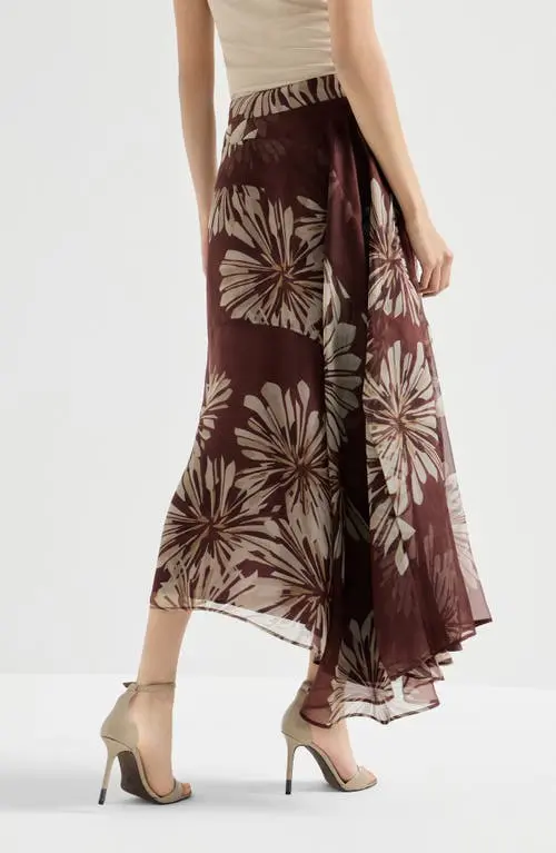 Brunello Cucinelli Bloom Print Asymmetrical Silk Organza Skirt - Bordeaux