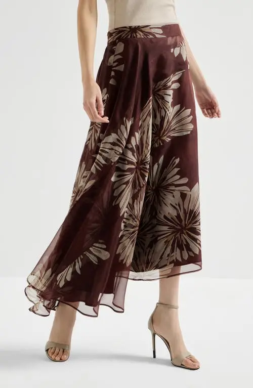 Brunello Cucinelli Bloom Print Asymmetrical Silk Organza Skirt - Bordeaux