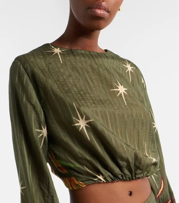 Johanna Ortiz Printed Silk And Cotton Jacquard Blouse - Green