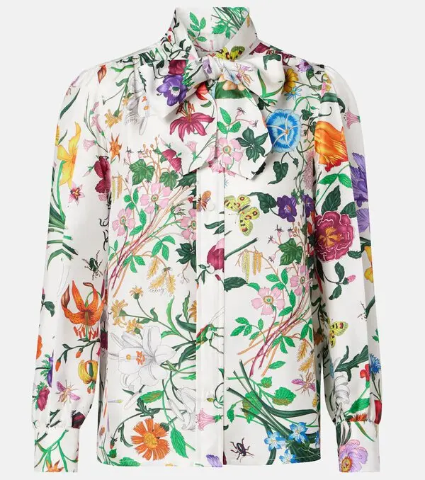 Gucci Floral Tie-neck Silk Twill Shirt - White
