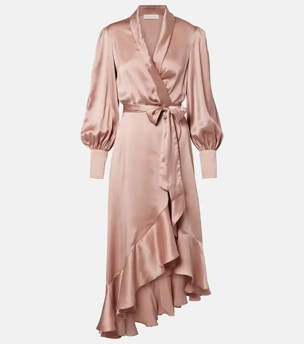 Zimmermann Ruffled Silk Satin Wrap Dress - Pink