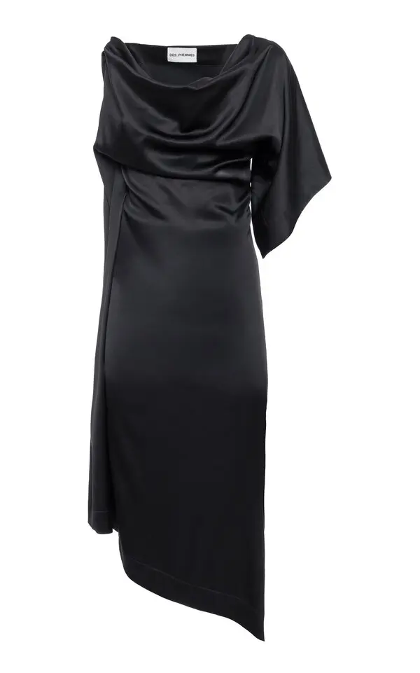 DES_PHEMMES Draped Stretch-satin Midi Dress - Black