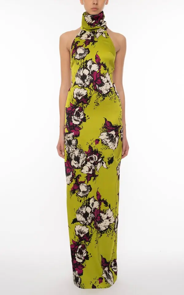 DES_PHEMMES Printed Stretch-satin Maxi Dress - Green