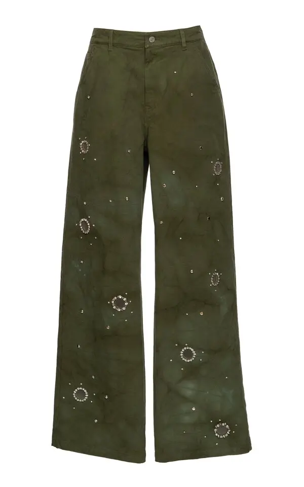 DES_PHEMMES Embellished Wide-leg Pants - Dark Green