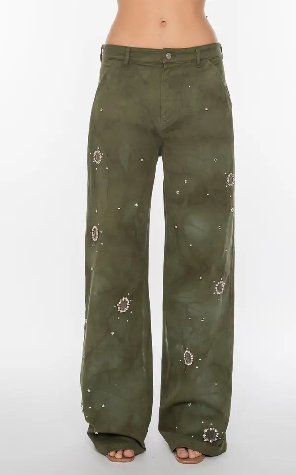 DES_PHEMMES Embellished Wide-leg Pants - Dark Green