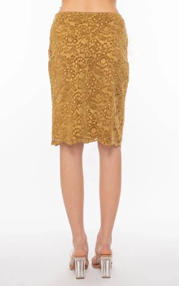 DES_PHEMMES Feathered Lace Midi Skirt - Olive