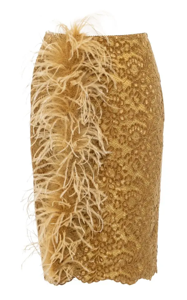 DES_PHEMMES Feathered Lace Midi Skirt - Olive