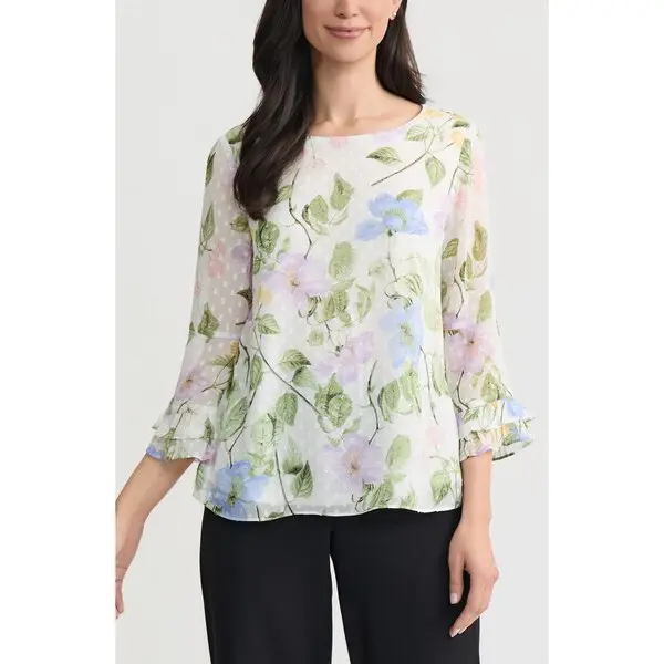 KASPER Floral Print Ruffle Sleeve Shirt - Lily White Multi