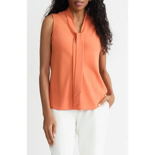 KASPER Sleeveless Tie Front Top - Mandarin