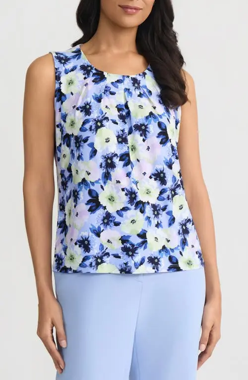 KASPER Floral Print Pleated Sleeveless Top - Paris Bleu Mult