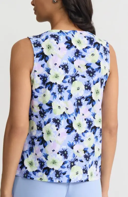 KASPER Floral Print Pleated Sleeveless Top - Paris Bleu Mult
