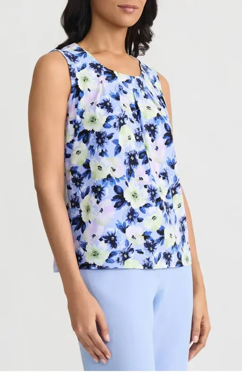 KASPER Floral Print Pleated Sleeveless Top - Paris Bleu Mult