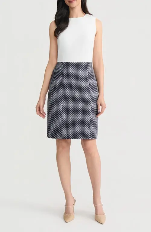 KASPER Geometric Patterned Sheath Dress - White/navy Dot