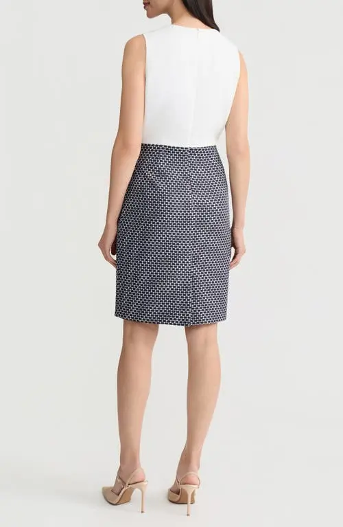 KASPER Geometric Patterned Sheath Dress - White/navy Dot