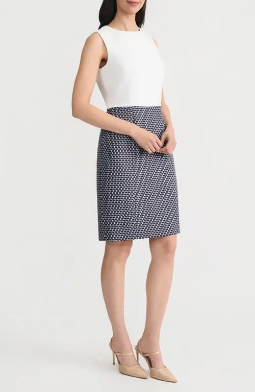 KASPER Geometric Patterned Sheath Dress - White/navy Dot