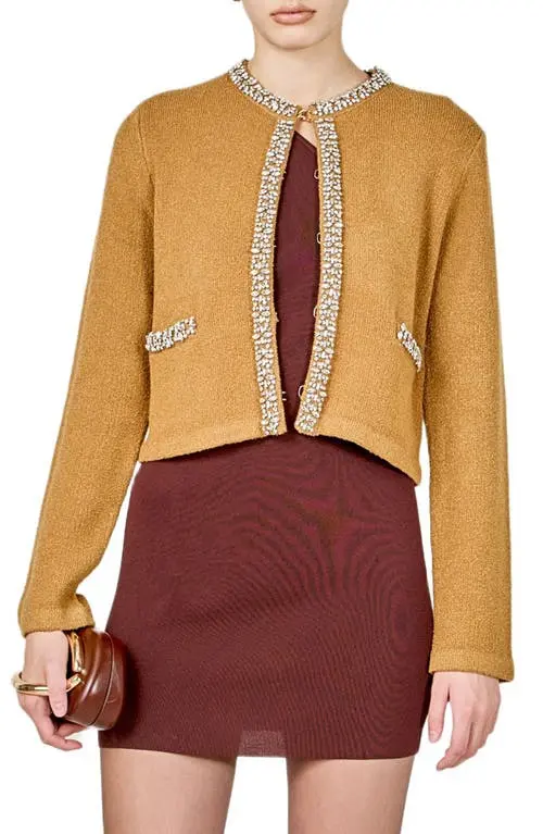 Endless Rose Bouclé Jewel Trim Cardigan - Mocha