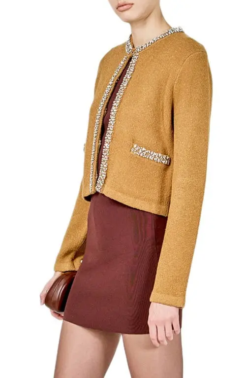 Endless Rose Bouclé Jewel Trim Cardigan - Mocha