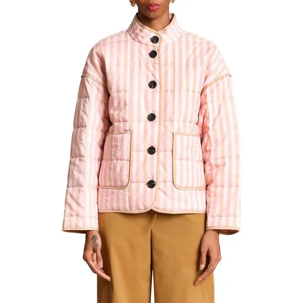 Avec Les Filles Stripe Boxy Quilted Cotton Blend Jacket - Pink-taupe Stripe