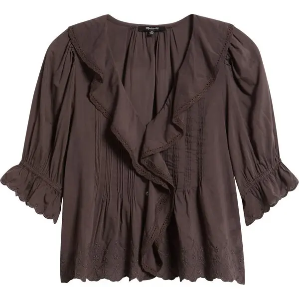 Madewell Eyelet Ruffle-sleeve Top - Chocolate Plum