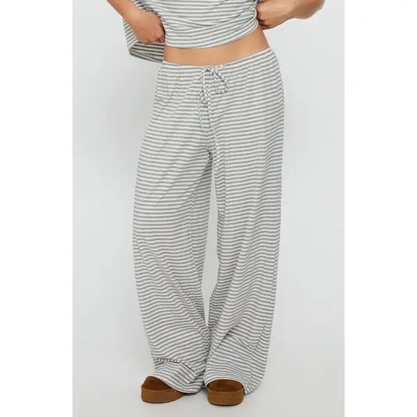 Princess Polly One-shoulder Top & Pants Sleep Set - Grey Stripe
