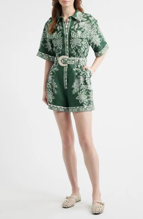 Farm Rio Miranda Belted Linen Utility Romper - Miranda Dark Green