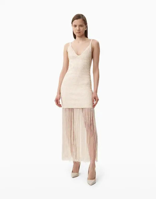 DODIEE Knitted Sequin Tank Dress With Fringing - Cream