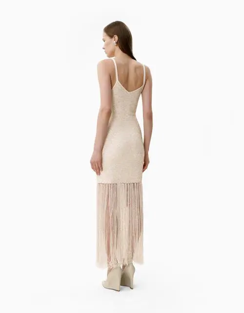 DODIEE Knitted Sequin Tank Dress With Fringing - Cream