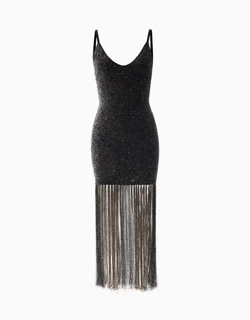 DODIEE Knitted Sequin Tank Dress With Fringing
