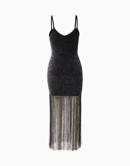 DODIEE Knitted Sequin Tank Dress With Fringing