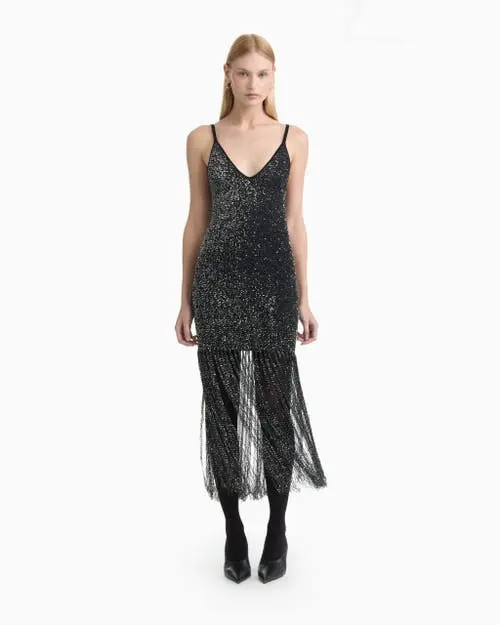 DODIEE Knitted Sequin Tank Dress With Fringing - Silver