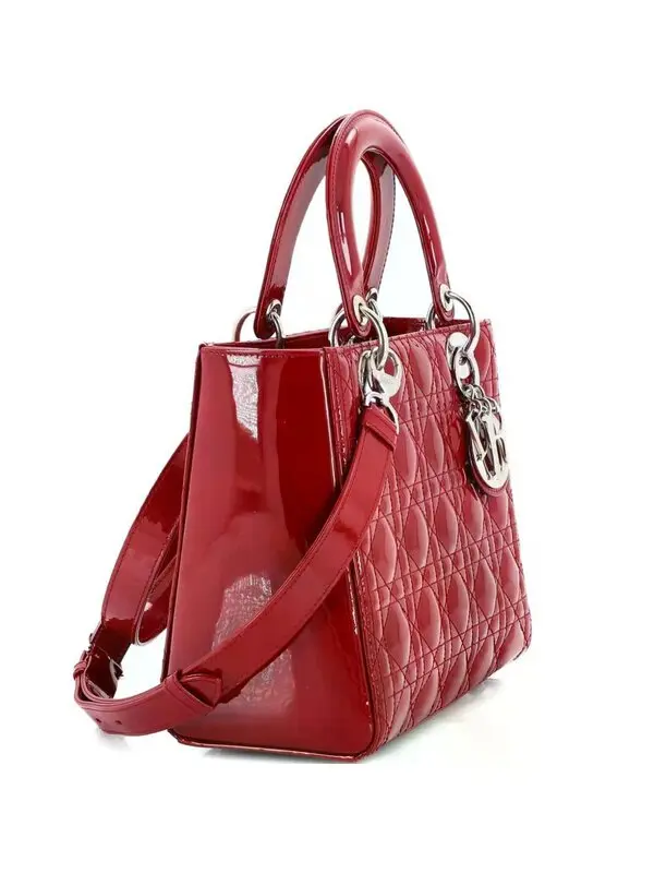 Dior Lady Medium Satchel Cannage Quilt Patent - Red
