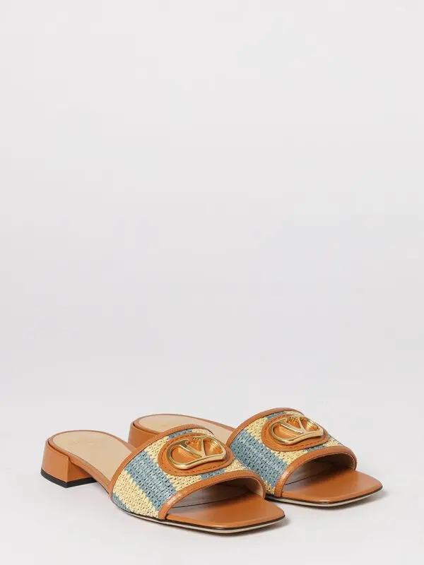 Valentino Garavani Vlogo Signature Striped Raffia And Leather Mules - Gnawed Blue