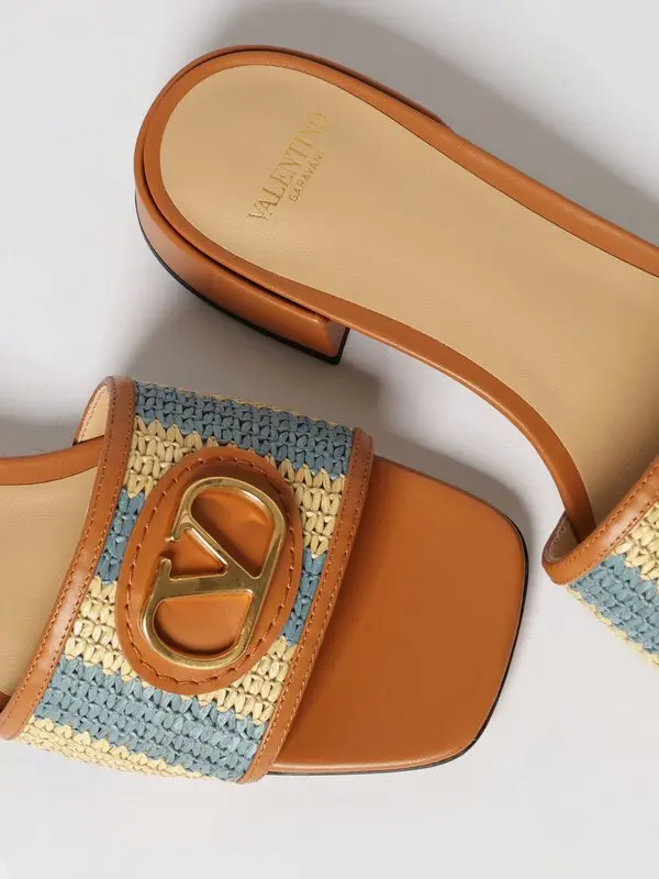 Valentino Garavani Vlogo Signature Striped Raffia And Leather Mules - Gnawed Blue