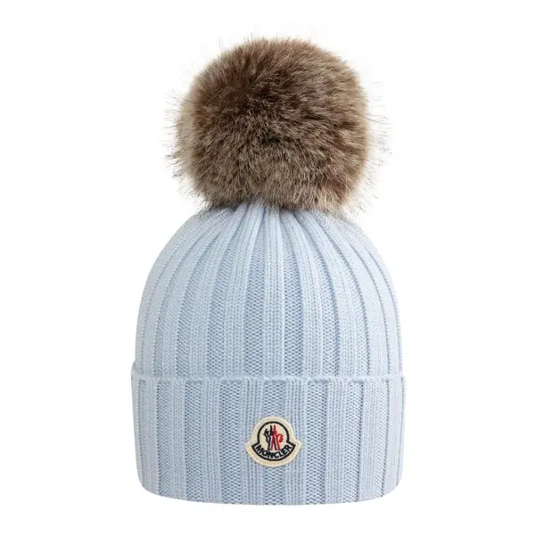 Moncler Ribbed Beanie With Fur Pom-pom - Blue