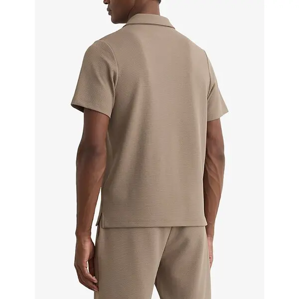 REISS Kennedy Buttoned Textured Polo Top - Camel Brown