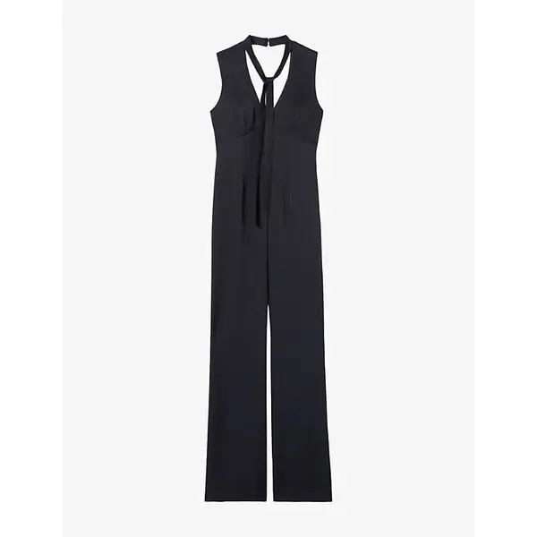 Claudie Pierlot Tie-neck Flared Satin Jumpsuit - Navy